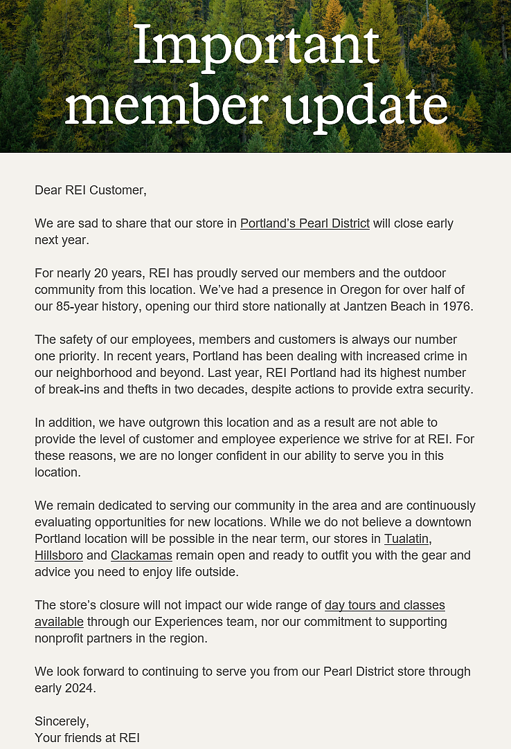 Citing break-ins and thefts, REI closing downtown Portland, Oregon ...
